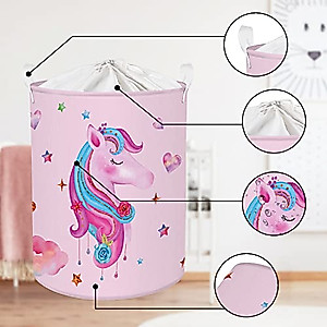 Clastyle 45L Pink Unicorn Kids Laundry Hamper Adorable Collapsible Laundry Basket with Drawstring Waterproof Toys Storage Basket with Handle, 14 * 17.7 in