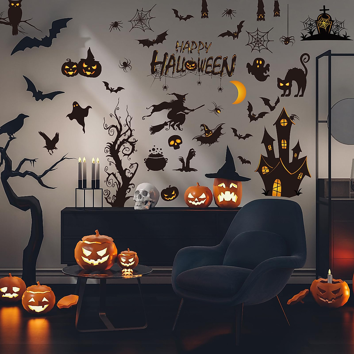 AnyDesign Halloween Wall Decals Bats Ancient Castle Wall Stickers Halloween Removable DIY Wall Art Stickers for Halloween Home Classroom Birthday Party Decoration, 11.8 x 13.8 Inch, 6 Sheets