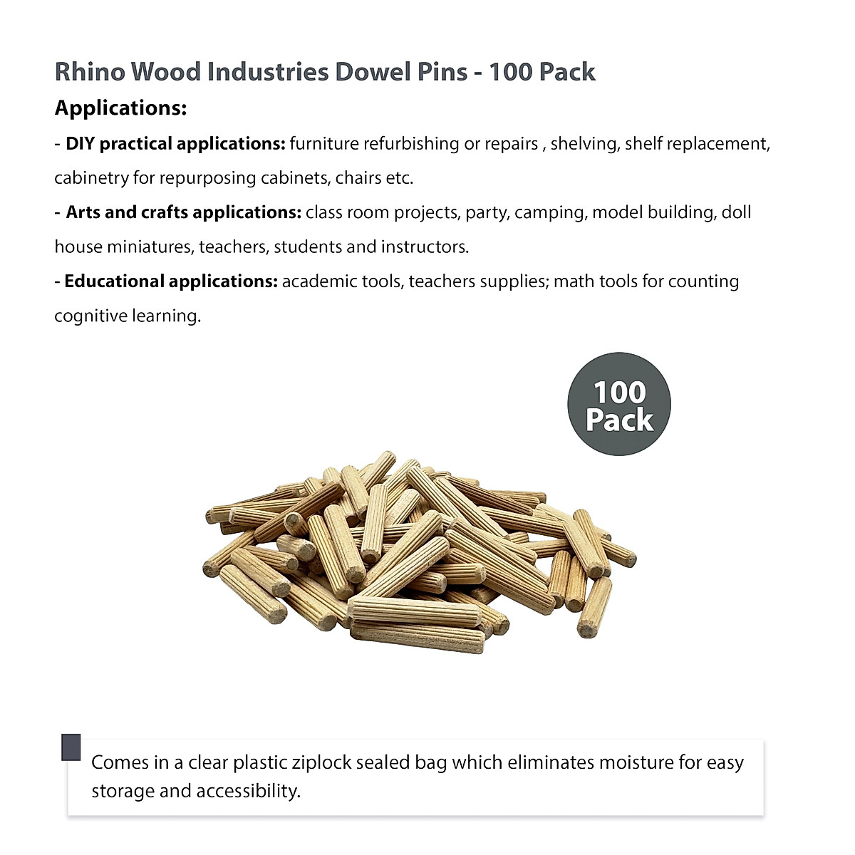 100 Pack 1/4" x 1 1/2" Wooden Dowel Pins Wood Kiln Dried Fluted and Beveled, Made of Hardwood