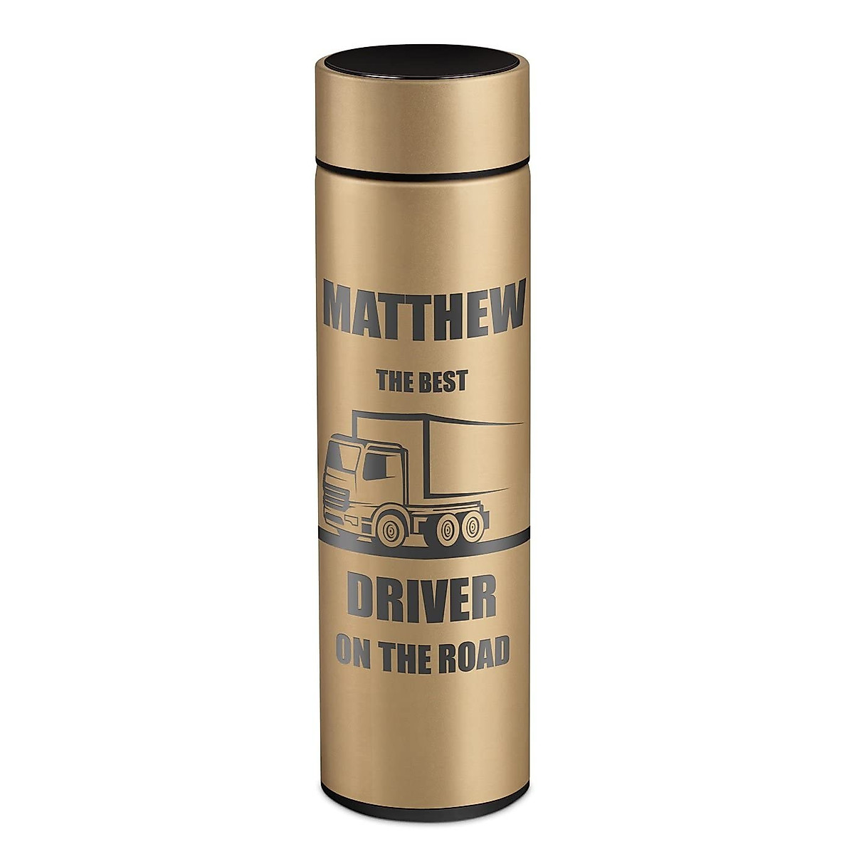Maverton Personalized Travel Mug for man - Engraved 15,2 oz. vacuum insulated flask - Tea infuser - Gold Coffee Mug for Birthday - LED Temperature Display - Gadget for him - DRIVER