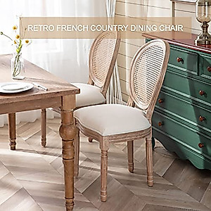 Virabit French Dining Chairs Set of 2, Rattan Farmhouse Upholstered Dining Chairs with Curved Backrest and Beautifully Carved Solid WoodFrame for Living Room, Kitchen, Restaurant