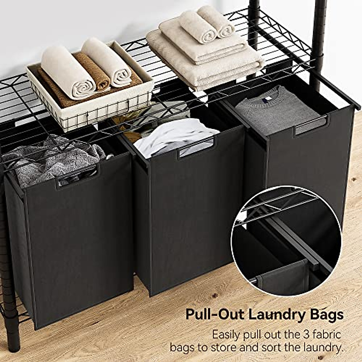 Laundry Sorters with 3 X 45L Pull-Out & Removable Laundry Bags, 2 Tier Adjustable Metal Storage Shelf, Oxford Fabric Laundry Baskets, Black