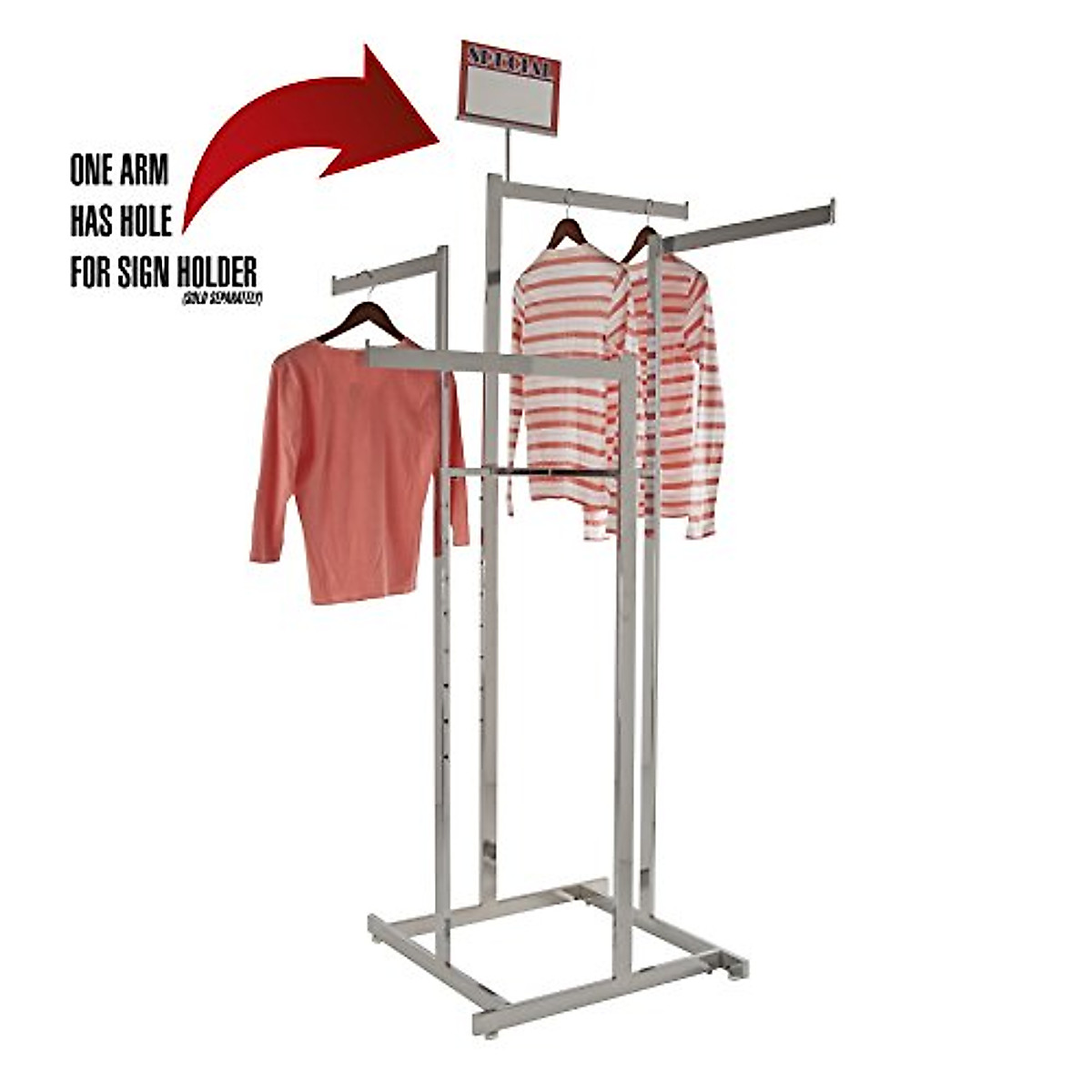 Clothing Rack – Chrome 4 Way Rack, High-Capacity, Blade Arms, Square Tubing, Perfect for Clothing Store Display With 4 Straight Arms 22” Length