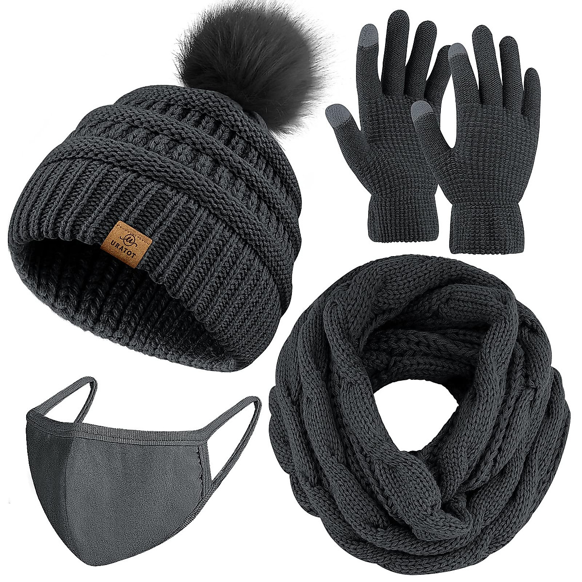 URATOT Winter Warm Knitted Sets Beanie Pompom Hat Scarves Winter Touchscreen Gloves Scarf Set for Men Women