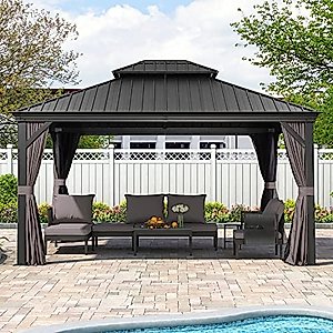 PURPLE LEAF 12' X 14' Hardtop Gazebo Aluminum Permanent Outdoor Gazebo with Galvanized Steel Double Roof for Patio Backyard Curtains and Netting Included Grey