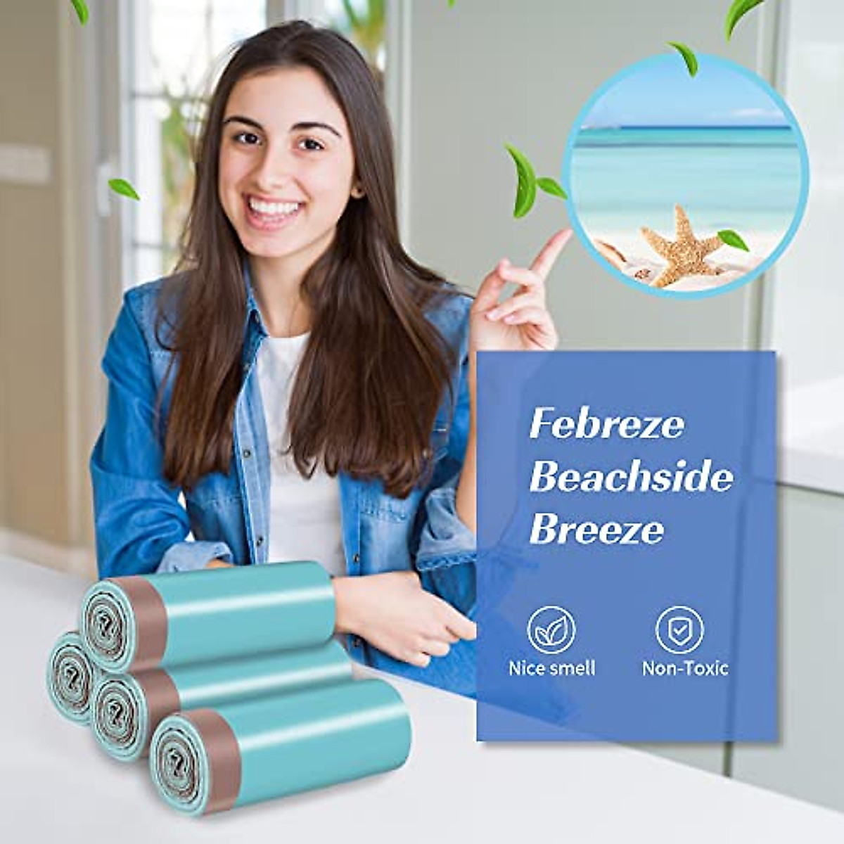 JOYEUX 4 Gallon Small Trash Bags, No-Tearing Drawstring Garbage Bags for Bathroom Kitchen, Febreze Beachside Breeze, 60 Count