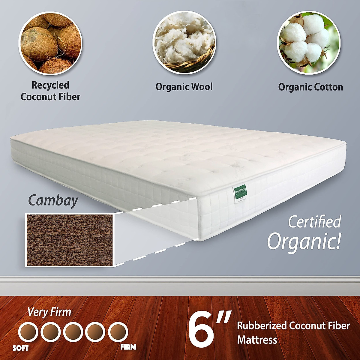 NATURAL LIFE PALMPRING Cambay King Mattress - Organic Coconut Coir 6” Extra Firm 1 Layer Comfortable Sleep Bed Dust Free