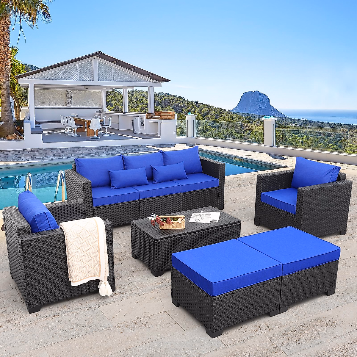 6 Pieces Patio Wicker Furniture Set Outdoor PE Rattan Conversation Couch Sectional Chair Sofa Set with Royal Blue Cushions