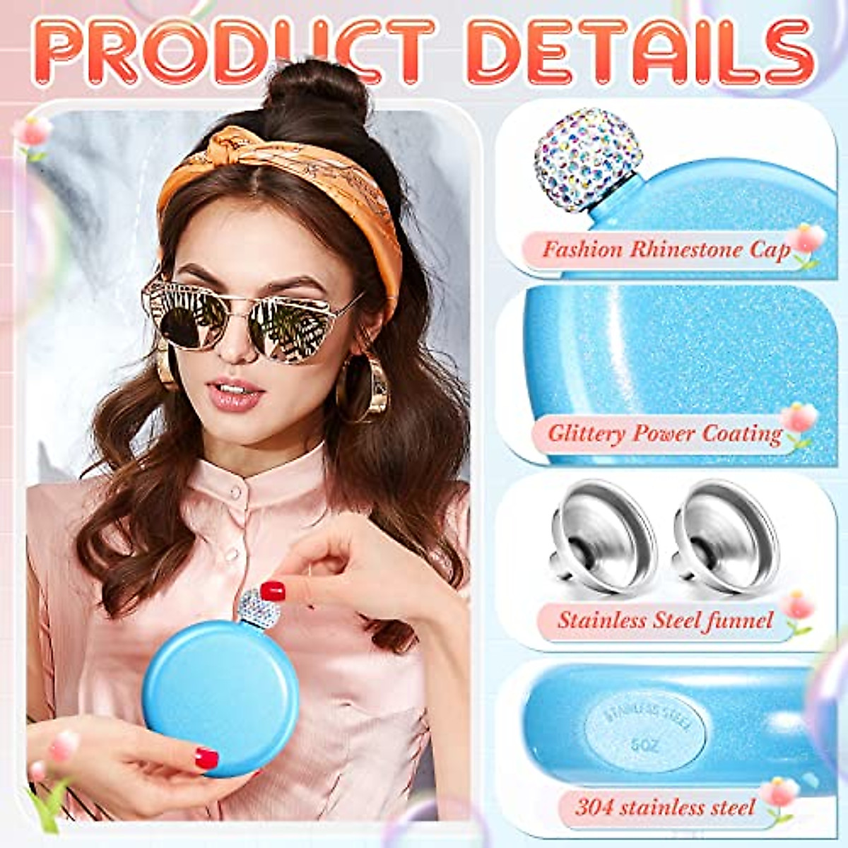 4 Pcs Cute Liquor Flask for Women 5 oz 304 Stainless Steel Flask for Whiskey Liquor Glitter Coating Flask Portable Wine Flask with Shining Rhinestone Cap and 4 Funnels for Drink Bar BBQ and Travel