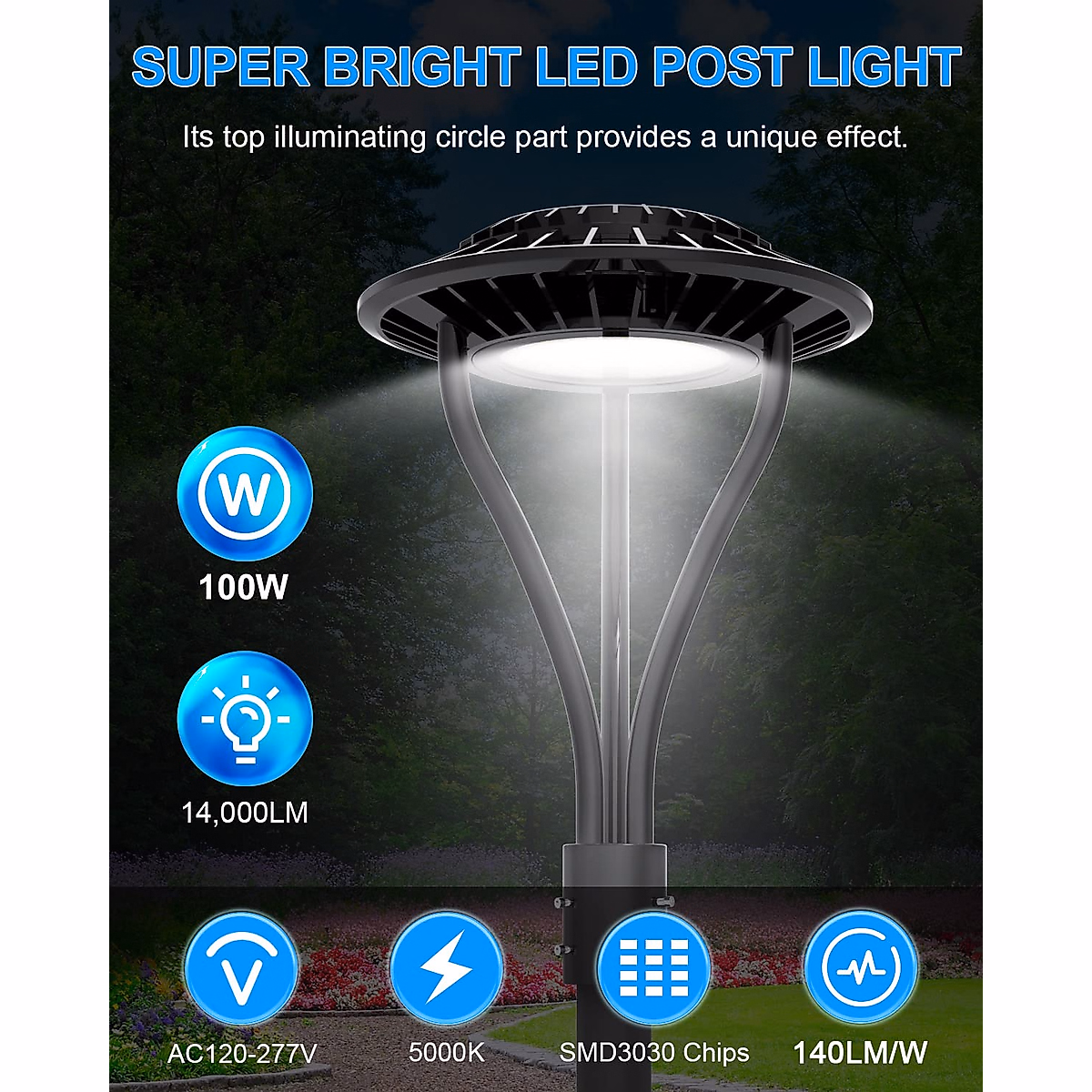 ADUB LED Post Top Light 100W 14,000LM, ETL Listed LED Post Lights Outdoor, 300W LED Flood Light ETL Listed, 42,000LM