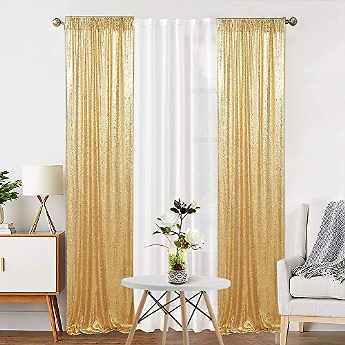 Eternal Beauty Gold Sequin Backdrop Curtain 2 Panels, Gold Curtain Backdrop for Party Decoration (W2 x H8FT-2PCS)
