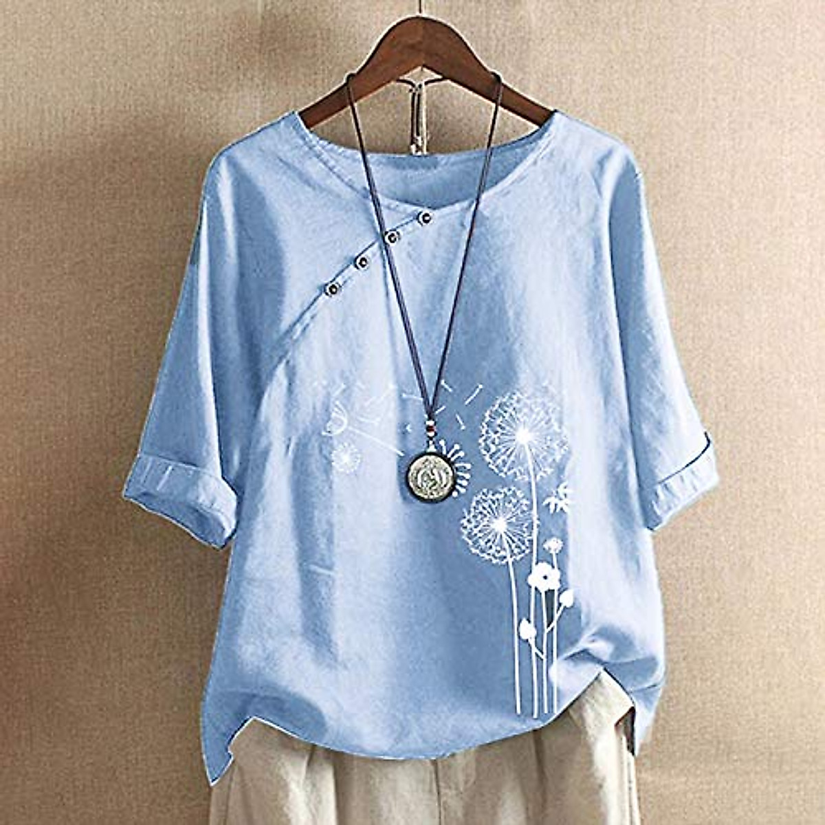DASAYO Women Cotton Linen Crew Neck Shirt Tops Dandelion Print Half Sleeve Tee Top Shirts Trendy Vintage Comfy Blouse Shirt