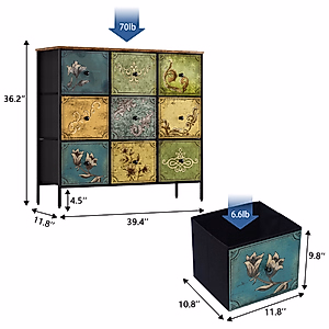 DOVAMY Drawer Dresser with 9 Fabric Drawers, Dresser Storage Organizer for Bedroom,Closet,Nursery,Living Room,Wide Storage Tower Unit with Steel Frame,Chest of Drawer, Wooden Top, Rustic Pattern