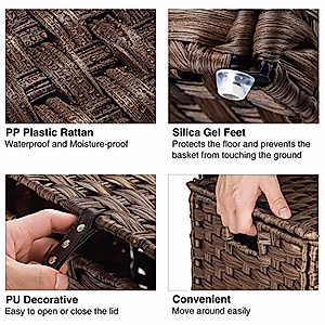 Greenstell Laundry Hamper No Install Needed, Divided Clothes Hamper with 2 Removable Liner Bags, 90L Handwovn Synthetic Rattan Laundry Basket with Lid and Handles, Foldable Brown 17.5x12.5x25.5Inches