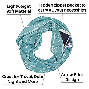 Pop Fashion Arrow Pattern Infinity Scarf for Women - Lightweight, Comfortable Travel Scarf with Hidden Zipper Pocket to Store Phone, Keys, and Wallet - Fashion Scarf for All Seasons (Teal)