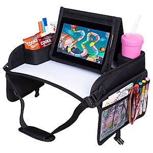 ROVICLU Car Seat Travel Tray for Kids - Carseat Trays Accessories, Toddler Activity Table, Road Trip Essentials - Shoulder Strap Pad, Erasable Board, Smartphone/Table Stand.
