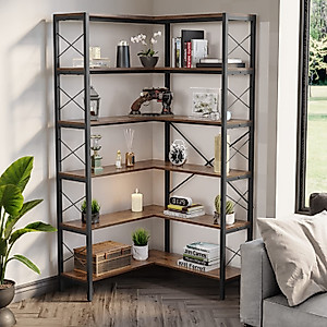Jartoil Corner Bookshelf 6-Tier, Tall Book Shelf L-Shaped, Large Etagere Bookcase Industrial Style with Metal Frame for Home Office Shelves