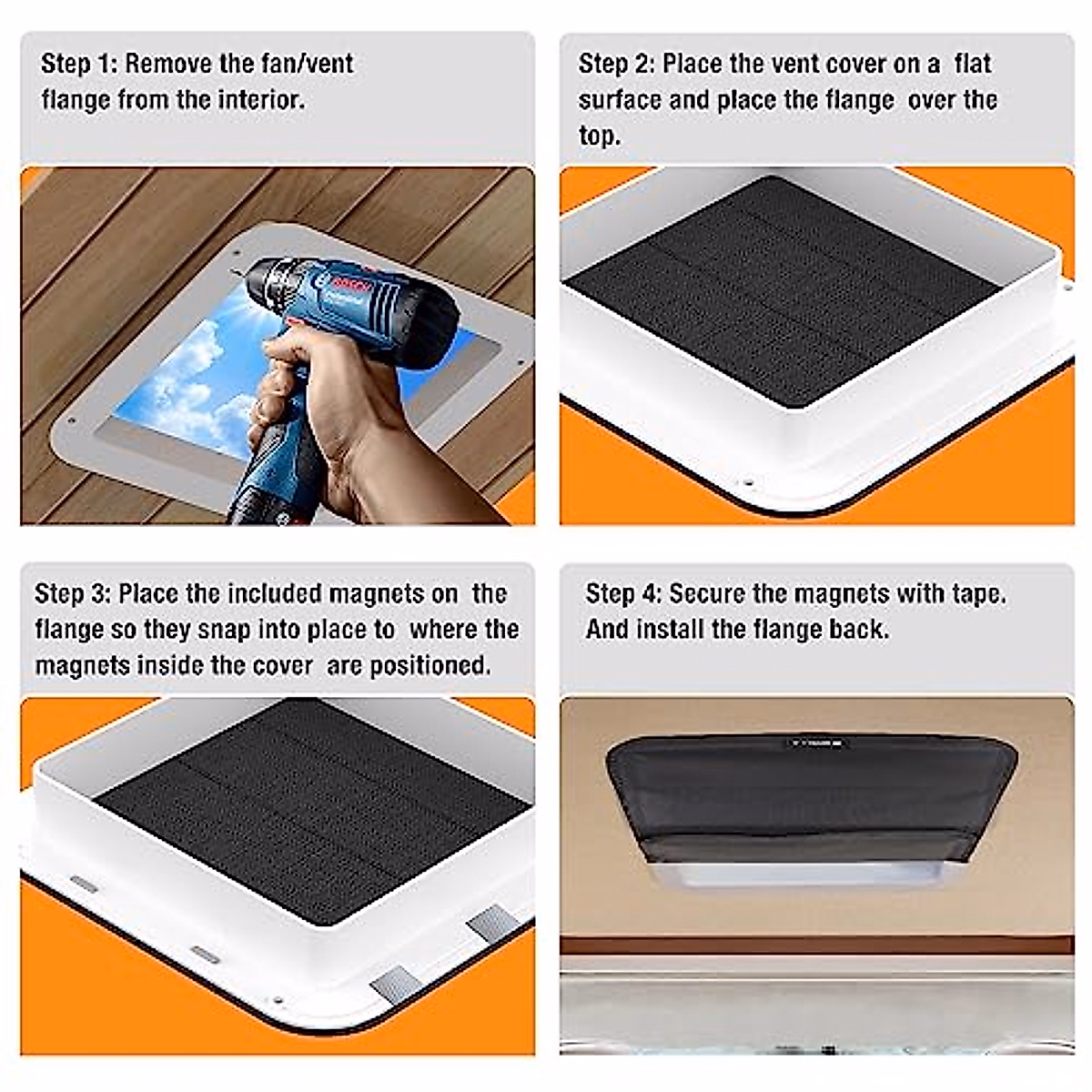 boslla Magnetic RV Skylight Vent Covers, Foldable Camper Window Blackout Shade 16"x16", Privacy Sunroof Window Cover for MaxxAir Fan, Fantastic Fan and RV Bathroom, Black