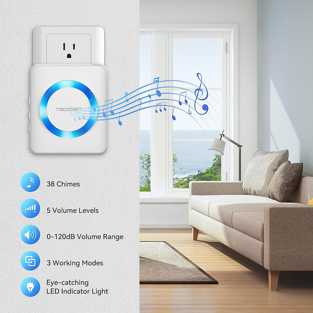 TECKNET Wireless Doorbell for Home, IP65 Waterproof Door Bell 1,300ft Range 110dB Plug in Doorbell Kit for Classroom Doorbell Battery Powered with 38 Chimes & 5 Volume Levels, LED Flashing (White)