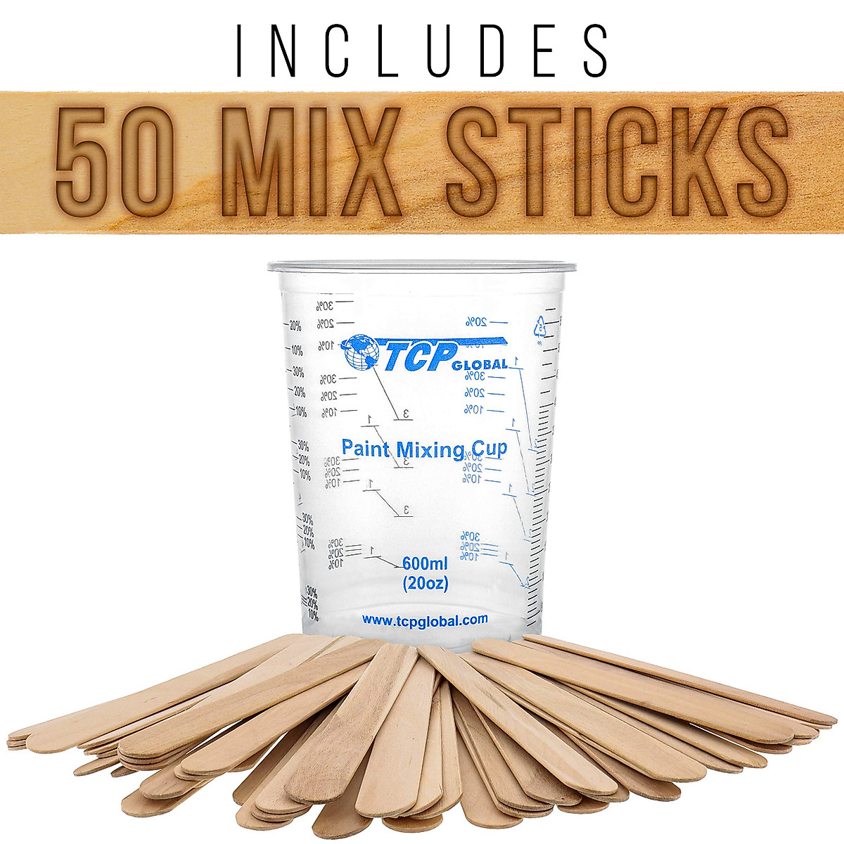 TCP Global 20 Ounce (600ml) Disposable Flexible Clear Graduated Plastic Mixing Cups - Box of 25 Cups & 25 Mixing Sticks - Use for Paint, Resin, Epoxy, Art, Kitchen - Measuring Ratios 2-1, 3-1, 4-1, ML