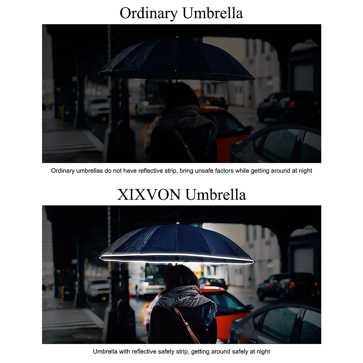 XIXVON UPF 50+ Reverse Folding Umbrella Travel Windproof 99% UV Protection Umbrellas With Reflective Safety Strip Black