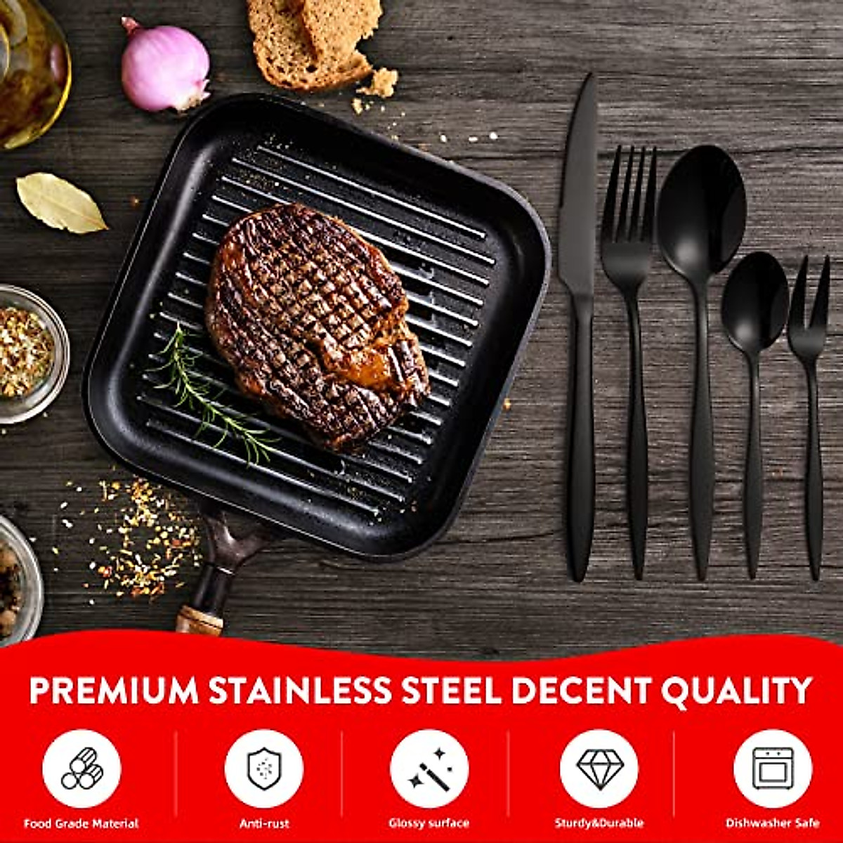 Black Silverware Set, 30 Pieces Stainless Steel Flatware for 6, Family Essential Utensil Tableware, Mirror Polished Cutlery for Home Kitchen, Hotel, Restaurant