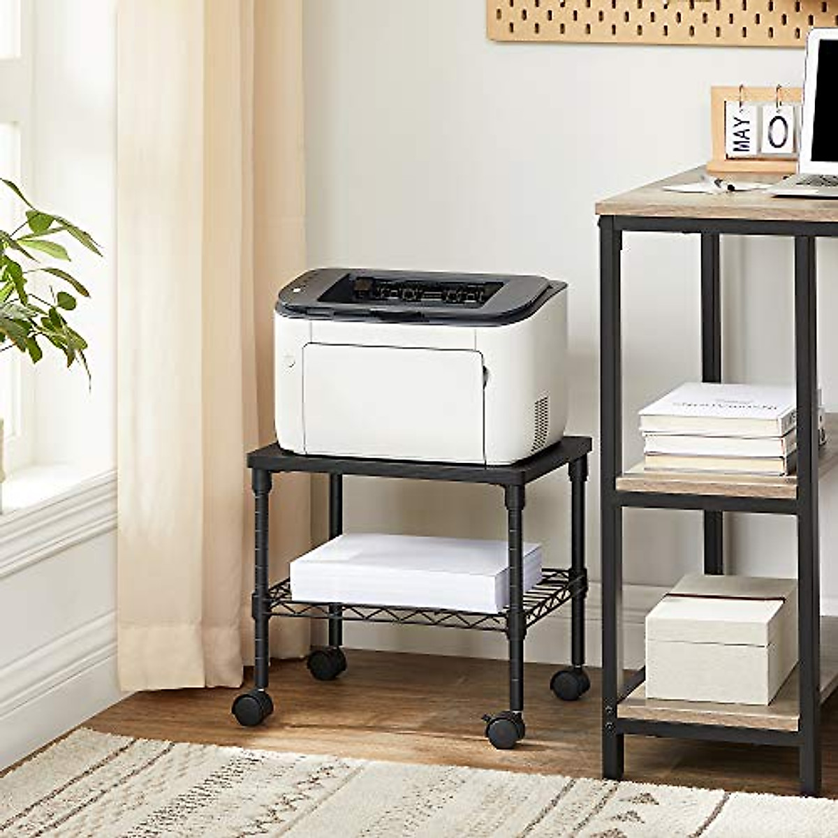 SONGMICS Printer Stand, 2-Tier Under-Desk Printer Cart on Wheels, Printer Table with Storage Shelf, Metal Frame, 16.1 x 12.2 x 15 Inches, Black ULGR301B01