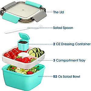 Hotop 4 Pack Salad Lunch Containers 52 oz Bowls with Compartments Tray and Dressings Container Bento Box for Adults Food Fruit Snack, Leak Proof, pink, green and blue