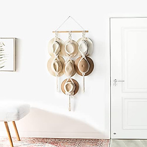 Dahey Macrame Hat Hangers Hat Rack for Wall Cowboy Hat Holder 7 Hats Style and Hat Organizer for Closet Hat Holder Organizer with 32 Stainless Steel Clips, Set of 2
