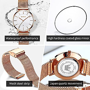 OLEVS Watches for Women Bracelet Gifts Set Ultra Thin Minimalist Fashion Rose Gold Ladies Slim Casual Dress Quartz White Face Dial Analog Date Wrist Watch Waterproof with Classic Mesh Band Golden