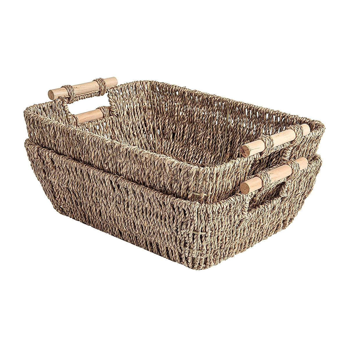 StorageWorks Hand-Woven Large Storage Baskets with Wooden Handles, Seagrass Wicker Baskets for Organizing, 2-Pack