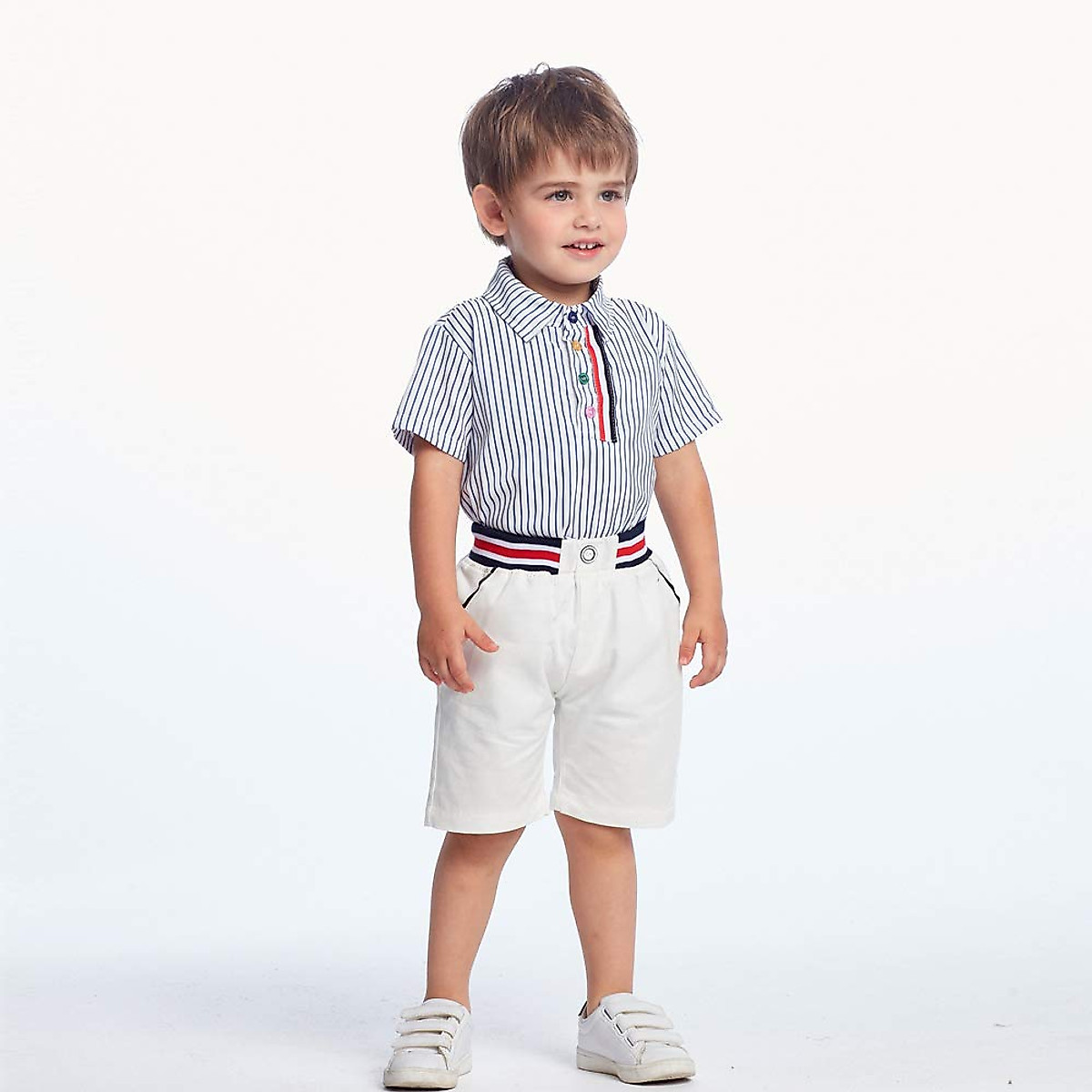 Top and Top Toddler Baby Boys Short Sleeve Button Down Blue Striped Shirts Short Pants Clothing Sets (110/4T)