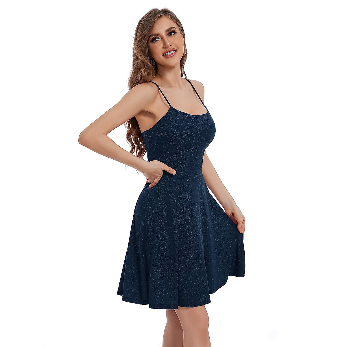 Bbonlinedress Spaghetti Strap Glitter Teens Cocktail Party Dress Fit and Flare Mini Swing Sparkly Homecoming Prom Club Dress Navy XS