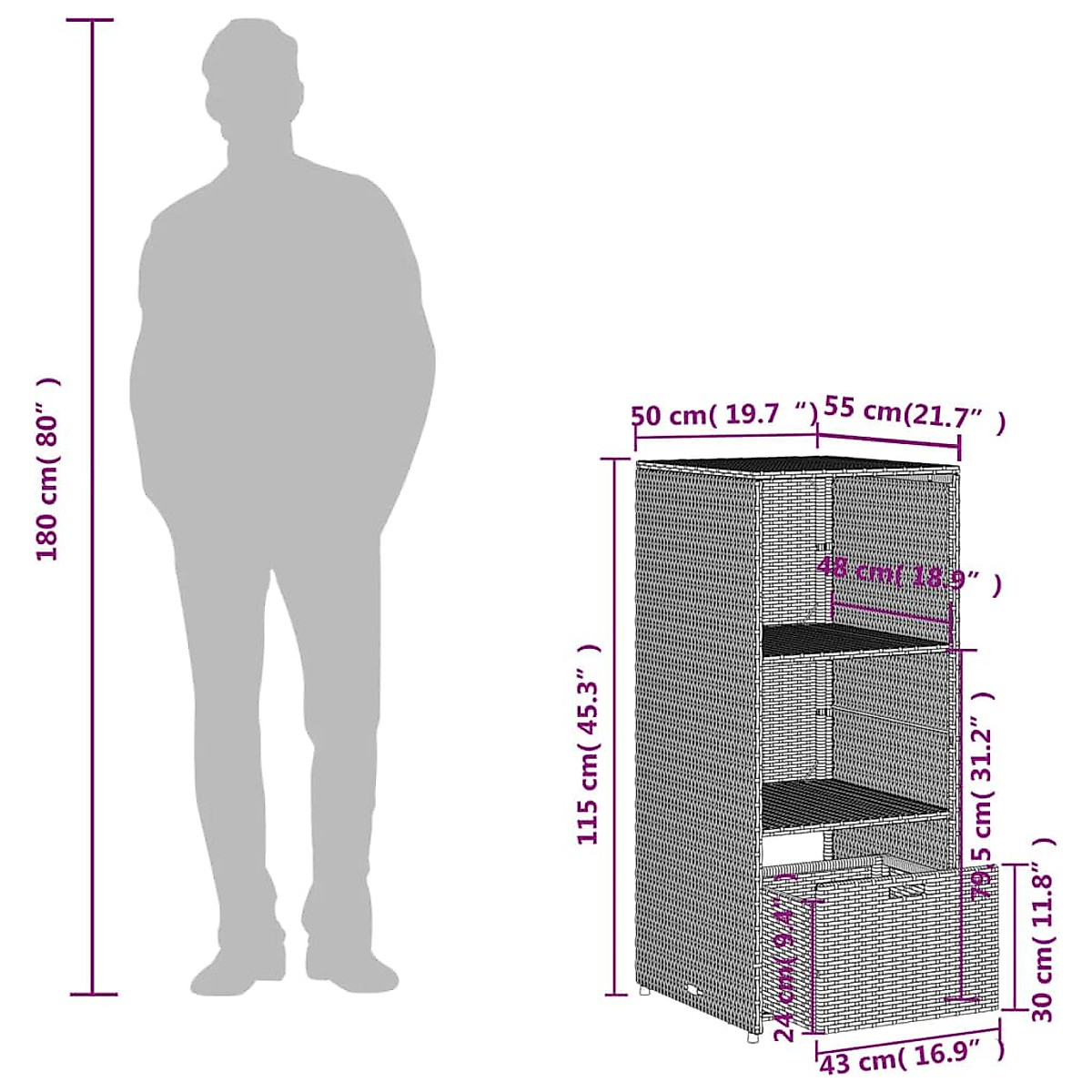 vidaXL Poly Rattan Patio Storage Cabinet - Weather-Resistant Outdoor Organizer with Shelves & Drawer for Cushions, Tools - Black, 19.7"x21.7"x45.3"