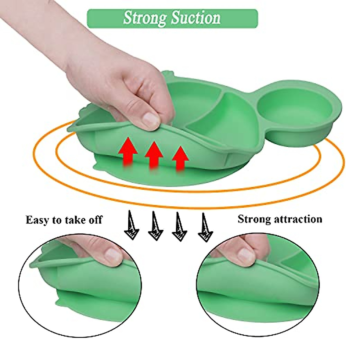 NICINGU Silicone Suction Plate spoon fork sets for Toddlers,Divided Plate Dish Placemat for Baby Kids Infant Self Feeding Training,Fits Most Highchairs, BPA Free Microwave Dishwasher Safe- Green