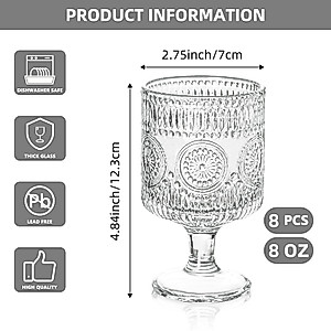 Set of 8 Romantic Vintage Goblet glassware, Charming Embossed Floral Cocktail Glasses Set, Mixed Drink Glasses, for Bars, Restaurants, Party, and Elegant Dinners, 8 oz Wine Glasses