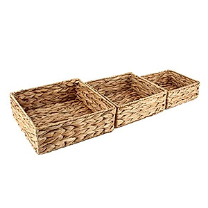 YRMT Water Hyacinth Baskets Set 3 Woven Square Basket for Storage Organizing Decorative Handmade Wicker Basket for Pantry Shelf Cabinet Small 12" x 12" x 4"