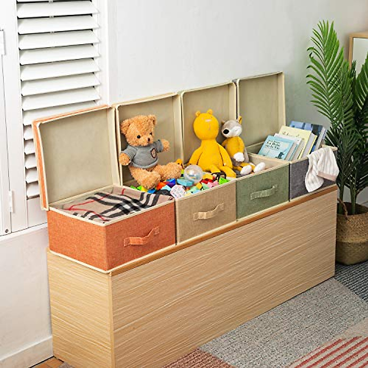 DOMEraax Storage Bins with Lid, Foldable Clothing Storage Box case with Handle for Toy, Books, Closet, Bedroom, Home, 4 Color Set, 13L x 12.5W x 7H inch