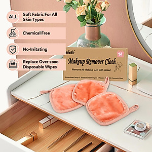 HOMEXCEL Makeup Remover Cloth 12 Pack, Reusable Makeup Remover Pads, Washable Ultra Soft Facial Cleansing Cloths For All Skin Types, 5 X 5 In, Pink