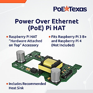 PoE Texas Raspberry Pi PoE Hat - Power Over Ethernet PiHat Fits Raspberry Pi 3 B+ and Pi 4 - Slim, Sleek, Compact, Heat Sink, Fanless - Works with Active 802.3af PoE Network Switch or 48v PoE Injector