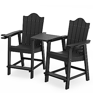 LUE BONA Tall Adirondack Chairs Set of 2 with Removable Table, HDPS Poly Balcony Chair with Cup Holder, All-Weather Adirondack Chair Bar stools, Outdoor Adirondack Barstools for Deck, Patio