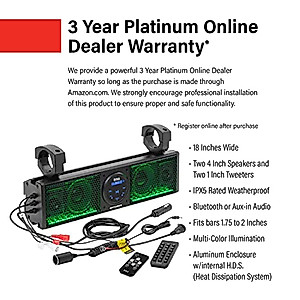 BOSS Audio Systems BRT18RGB ATV UTV Sound Bar System - 18 Inches Wide, IPX5 Rated Weatherproof, Bluetooth Audio, Amplified, 4 inch Speakers, 1 Inch Tweeters, USB Port, RGB Multicolor Illumination