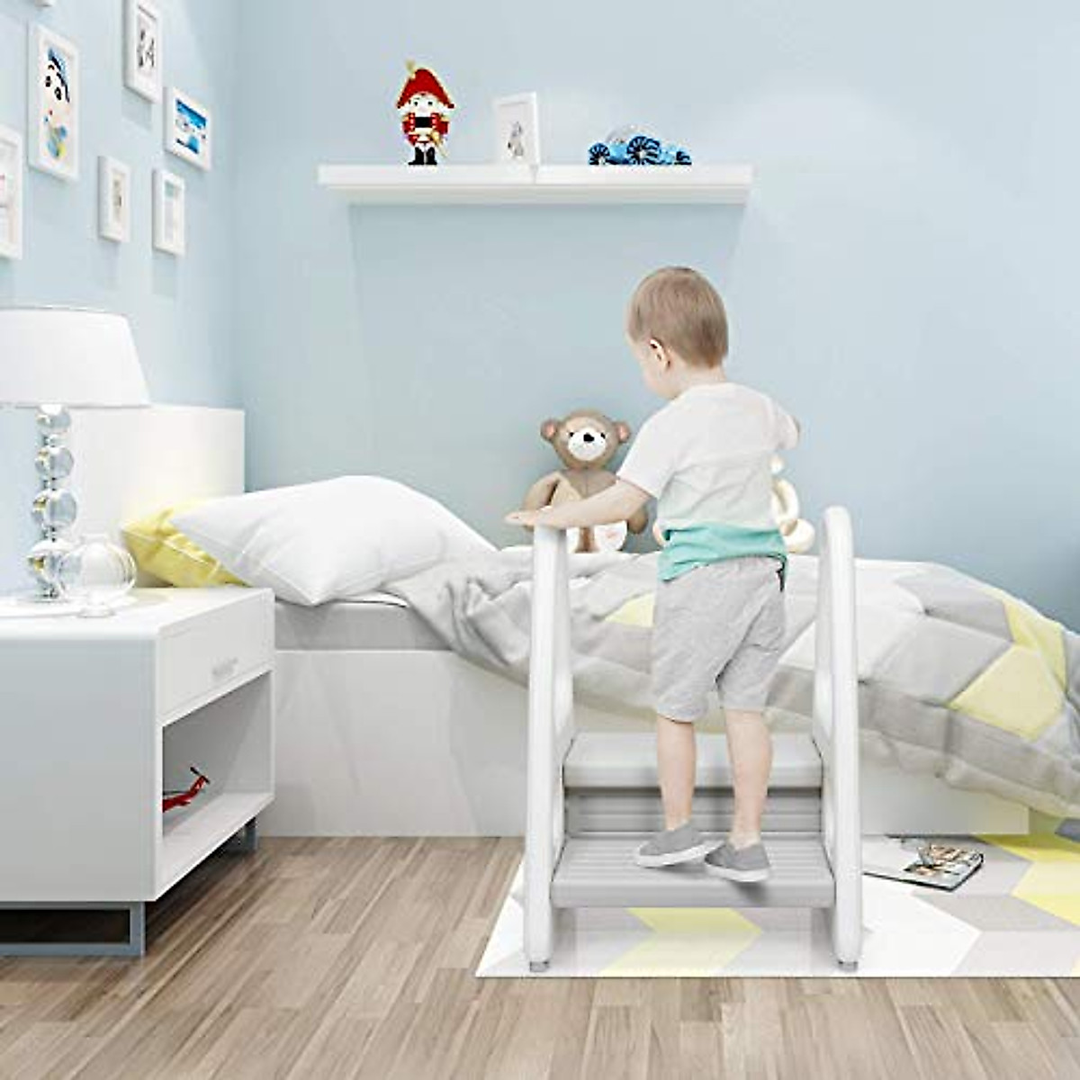 Costzon Kids Step Stool, Toddler Step Ladder for Toilet Potty Training, Kitchen Counter, Bathroom, Two Step Learning Tower w/Non-Slip Design, Safety Handles, 200 Lbs Weight Capacity (Grey)