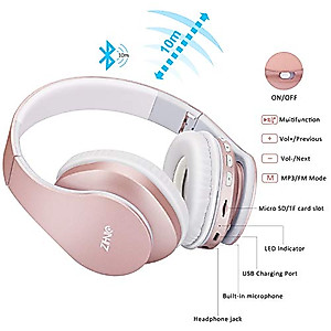 ZIHNIC Bluetooth Headphones Over-Ear, Foldable Wireless and Wired Stereo Headset Micro SD/TF, FM for Cell Phone,PC,Soft Earmuffs &Light Weight for Prolonged Wearing(Rose Gold)