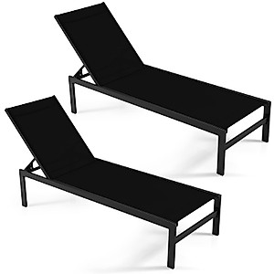 Giantex Set of 2 Patio Chaise Lounge Chair, Outdoor Sunbathing Chair Lawn Reclining Lounger with 6 Adjustable Position, Aluminium Frame, Tanning Chairs for Deck,Yard, Pool Lounge Chairs (2, Black)