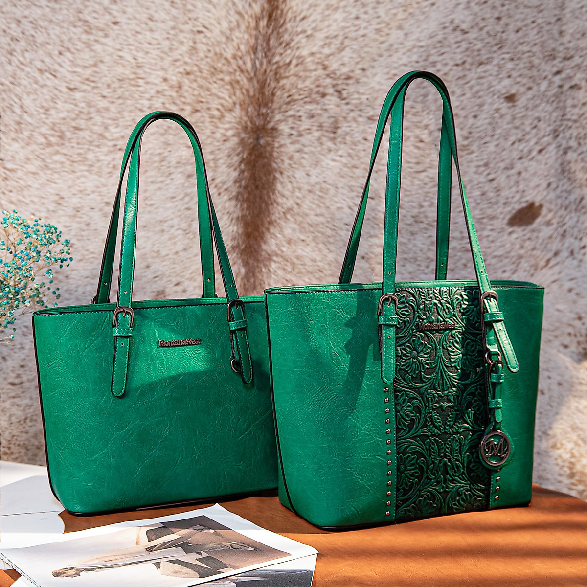 Montana West Tote Bag for Women Vegan Leather Purse and Handbags Set Embossed Collection Purse 2Pcs Set Green MWC2-G052A-GN