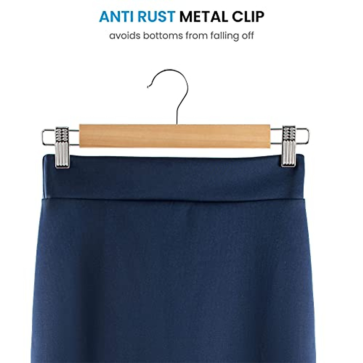 High-Grade Wooden Pants Hangers with Metal Clips Grip Clip Pants Hanger, Smooth Finish Solid Wood Jeans/Skirt Hanger, 360° Swivel Hook - Clip Hanger for Pant, Skirts, Slacks - 10 Pack, Natural