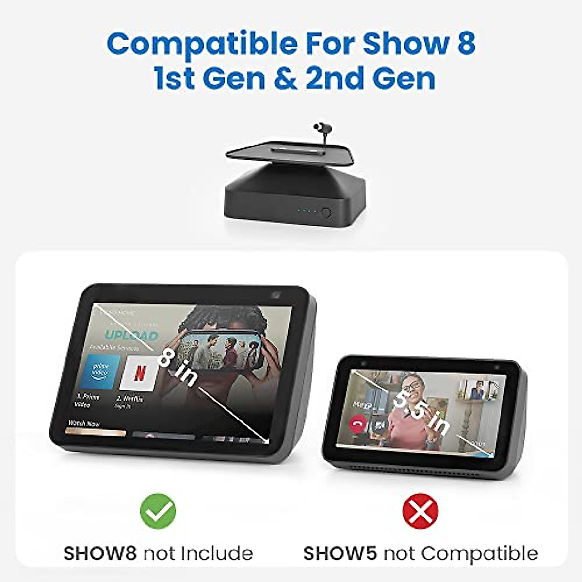 GGMM Battery Base, for Echo Show 8(1st & 2nd Gen), Adjustable Battery Charging Stand, Wireless Battery Dock, Black(Not Include Speaker)
