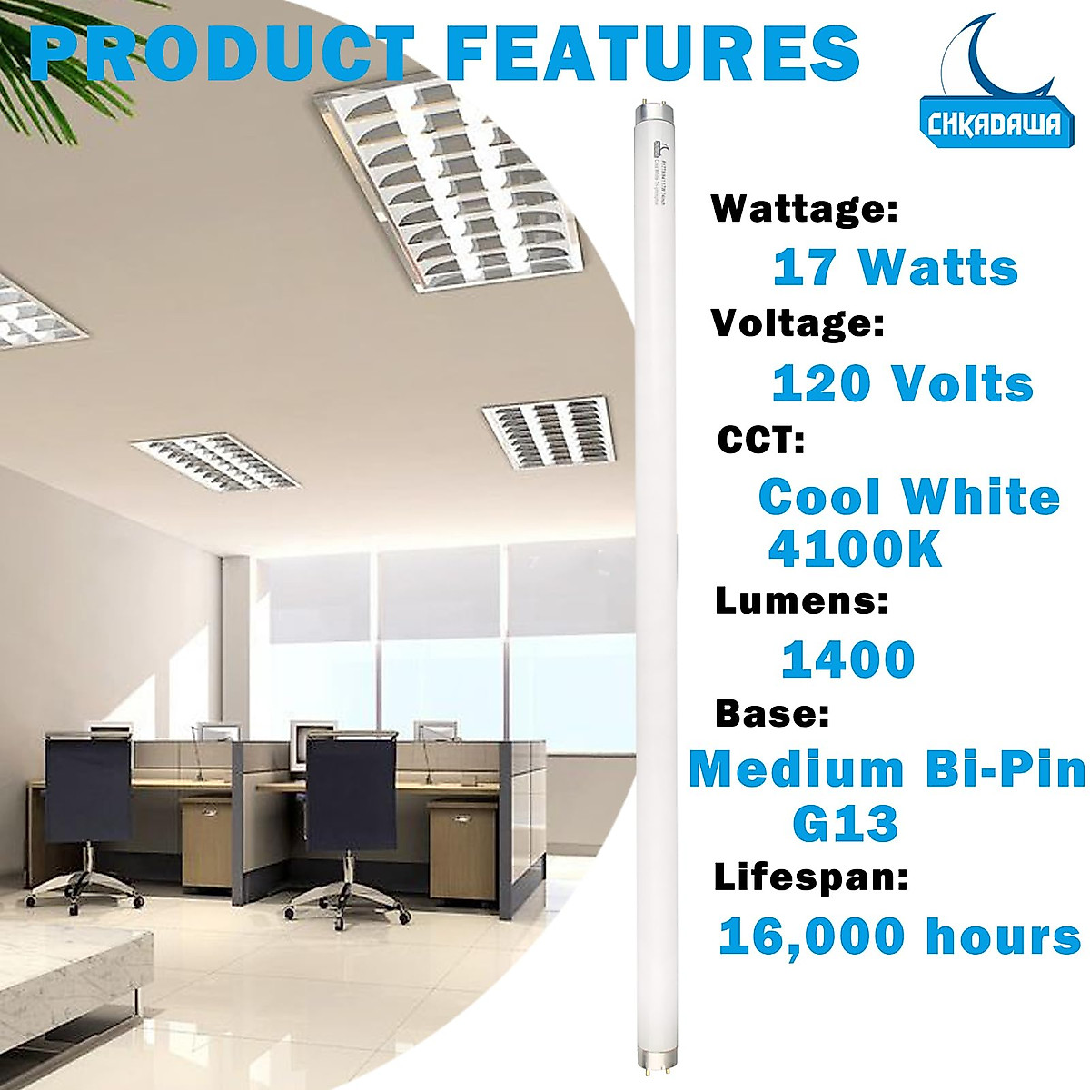 CHKADAWA 24 Inch Fluorescent Light Bulb F17T8/841 17 Watts, 2 Ft T8 17W Cool White 4100K Straight Linear Fluorescent Tube, G13 Medium Bi-Pin Base, 6 Pack