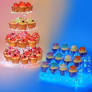 YestBuy 3 Tier Shelf Cake Pop Stand (Blue) +4 Tier Round Cupcake Stand – Premium Cupcake Holder – Acrylic Cupcake Tower Display – Display for Pastry Weddings, Birthday Parties & Events (Multicolored)